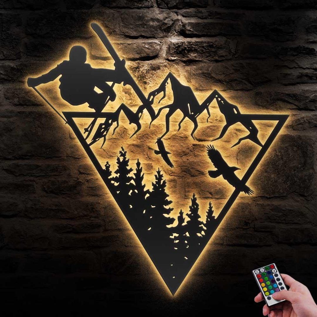 Snow Skiing Winter Sport Metal Wall Art LED Light Alpine Downhill Skier ...