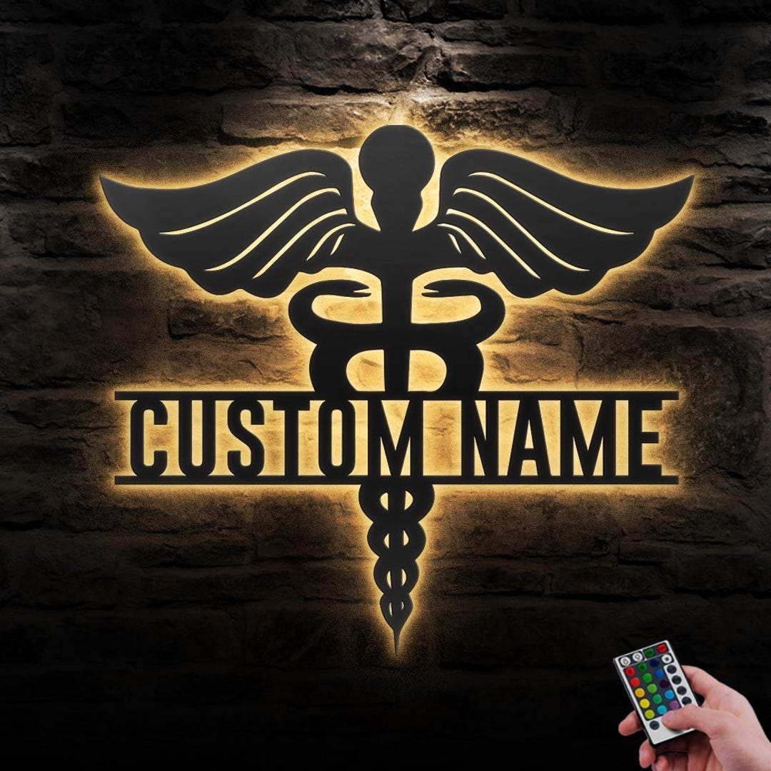 Custom Medical Symbol Caduceus MD Star Nursing Metal Wall Art LED Light ...