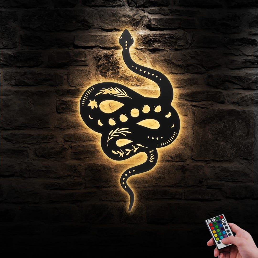 Snake Moon Phase Metal Wall Art With LED Light Celestial Snake Sign ...