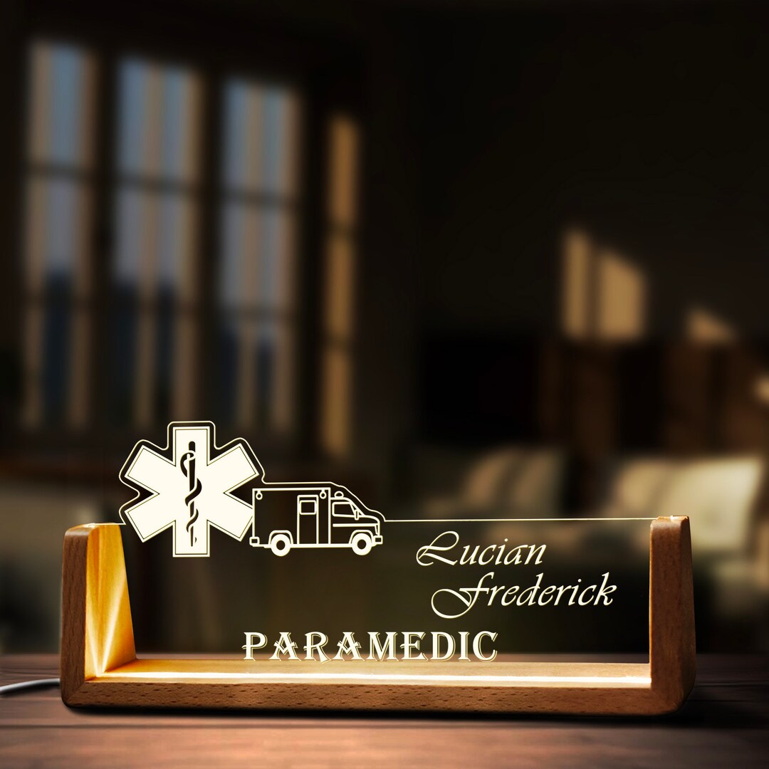 Custom Paramedic Desk Name Plate Personalized EMS EMT LED Light Wooden ...