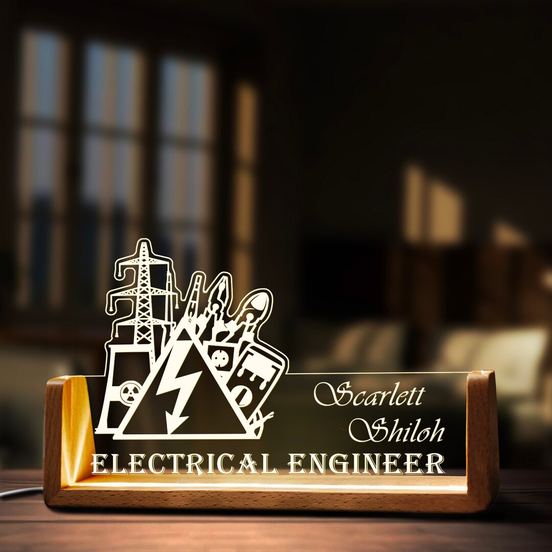 Custom Electrical Engineer Desk Name Plate Personalized Electrician LED Light Wooden Base ...
