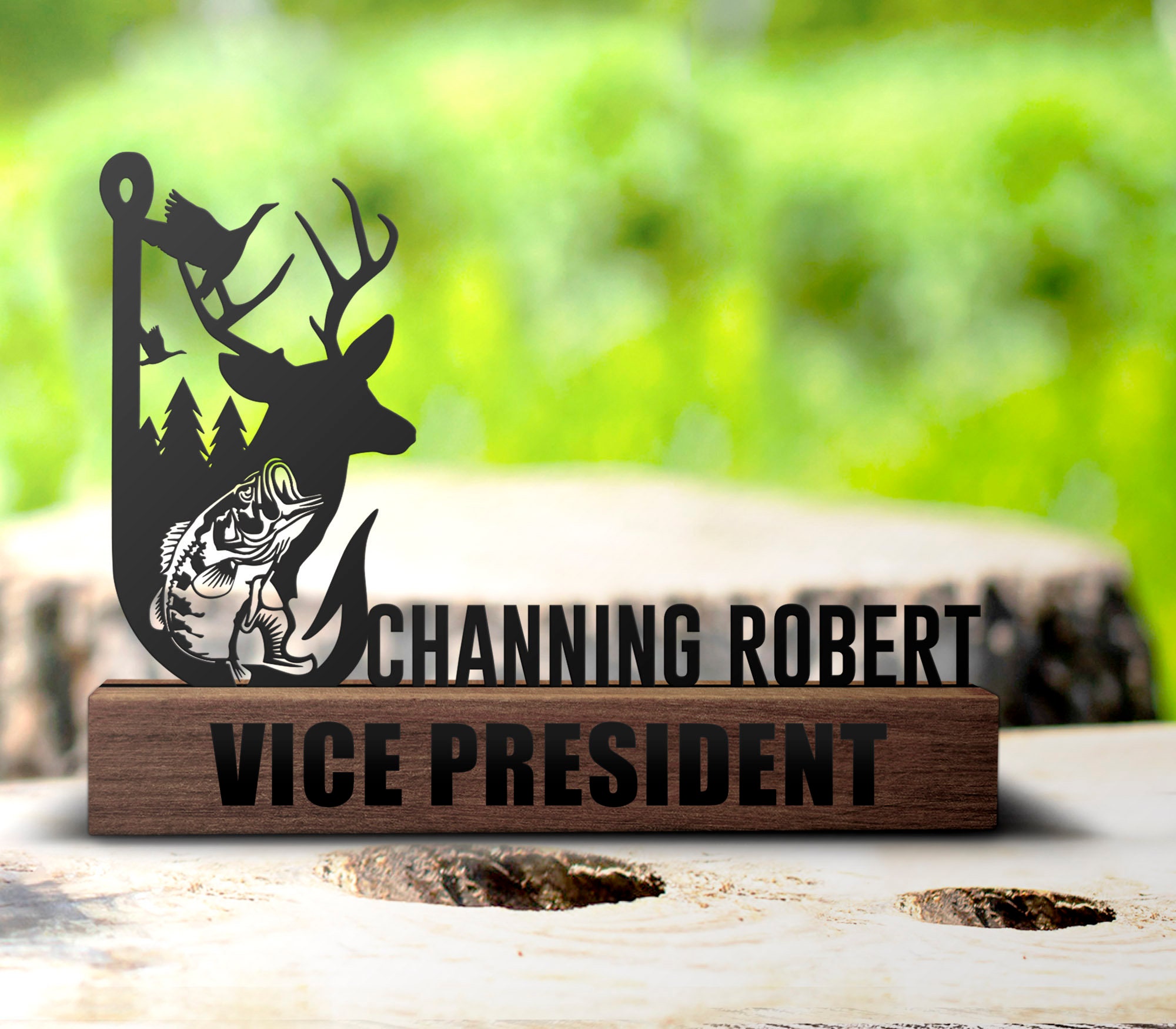 Custom Deer Hunting and Fishing Desk Name Plate Wedge Personalized ...