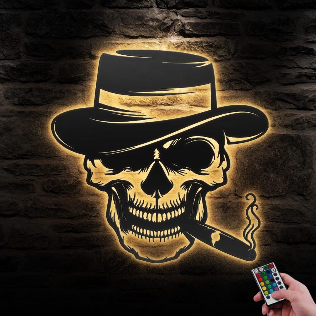 Gangter Sugar Skull Cigar Metal Wall Art LED Light Skull Smoking Cigar ...