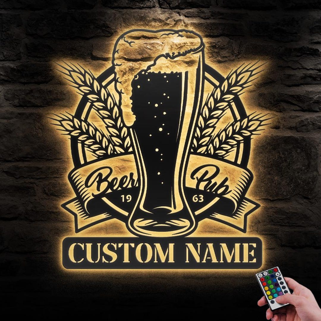 Custom Beer Bar Metal Wall Art LED Light Personalized Beer Pub Name ...