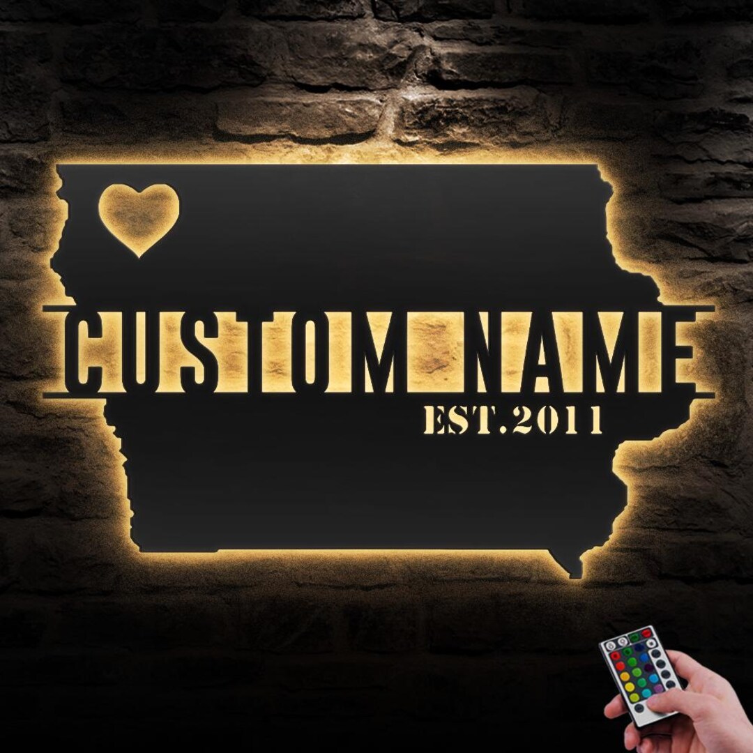 Custom Iowa Map Metal Wall Art LED Lights Personalized Iowa State Name ...