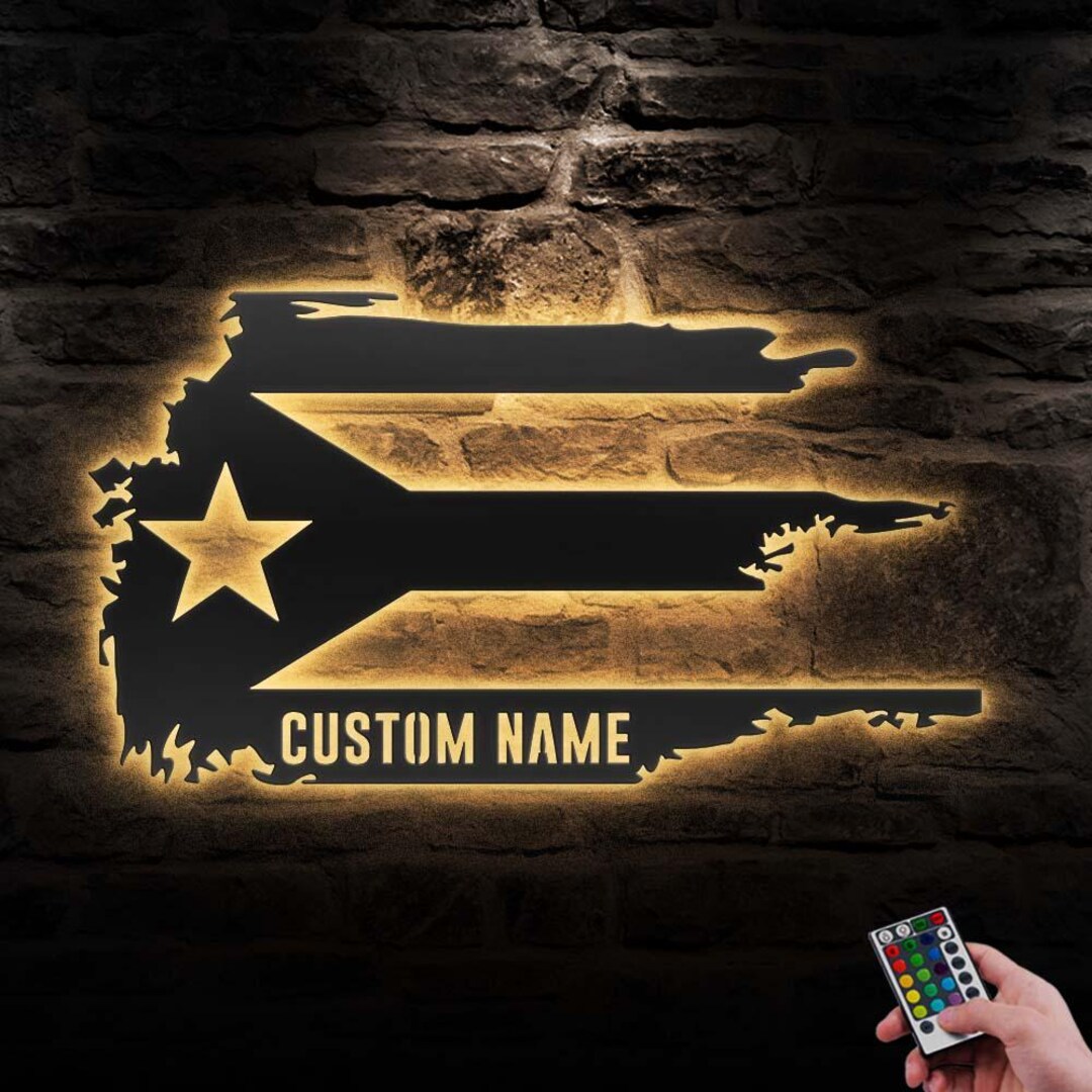 Custom Distressed Puerto Rico Flag Metal Wall Art LED Light ...