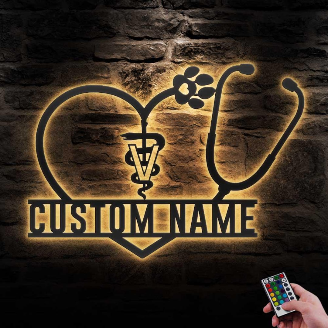 Custom Animal Clinic Metal Wall Art LED Light Personalized Pet Care ...
