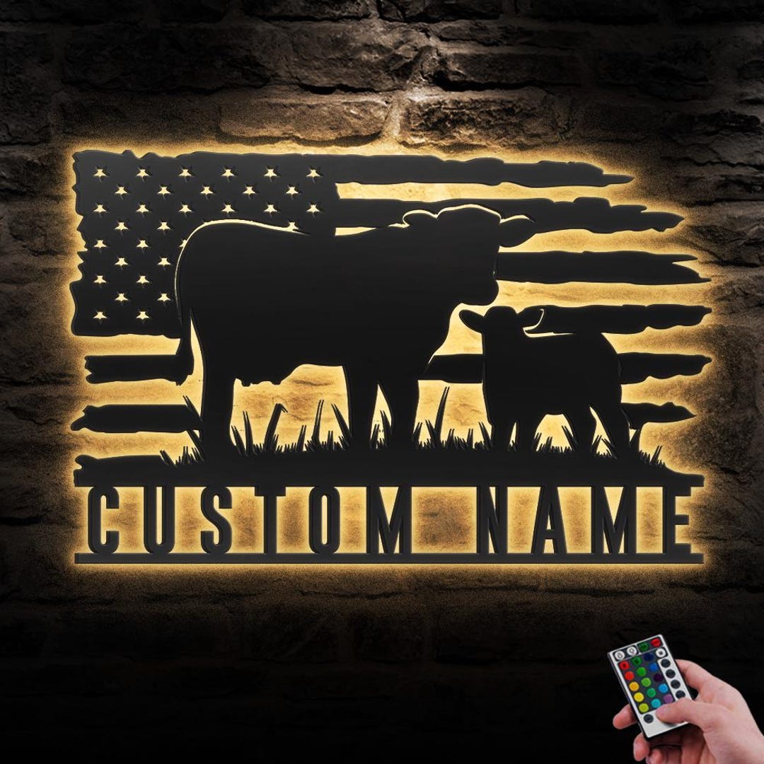 Custom US Flag Cow Farmhouse Metal Wall Art LED Light Personalized ...