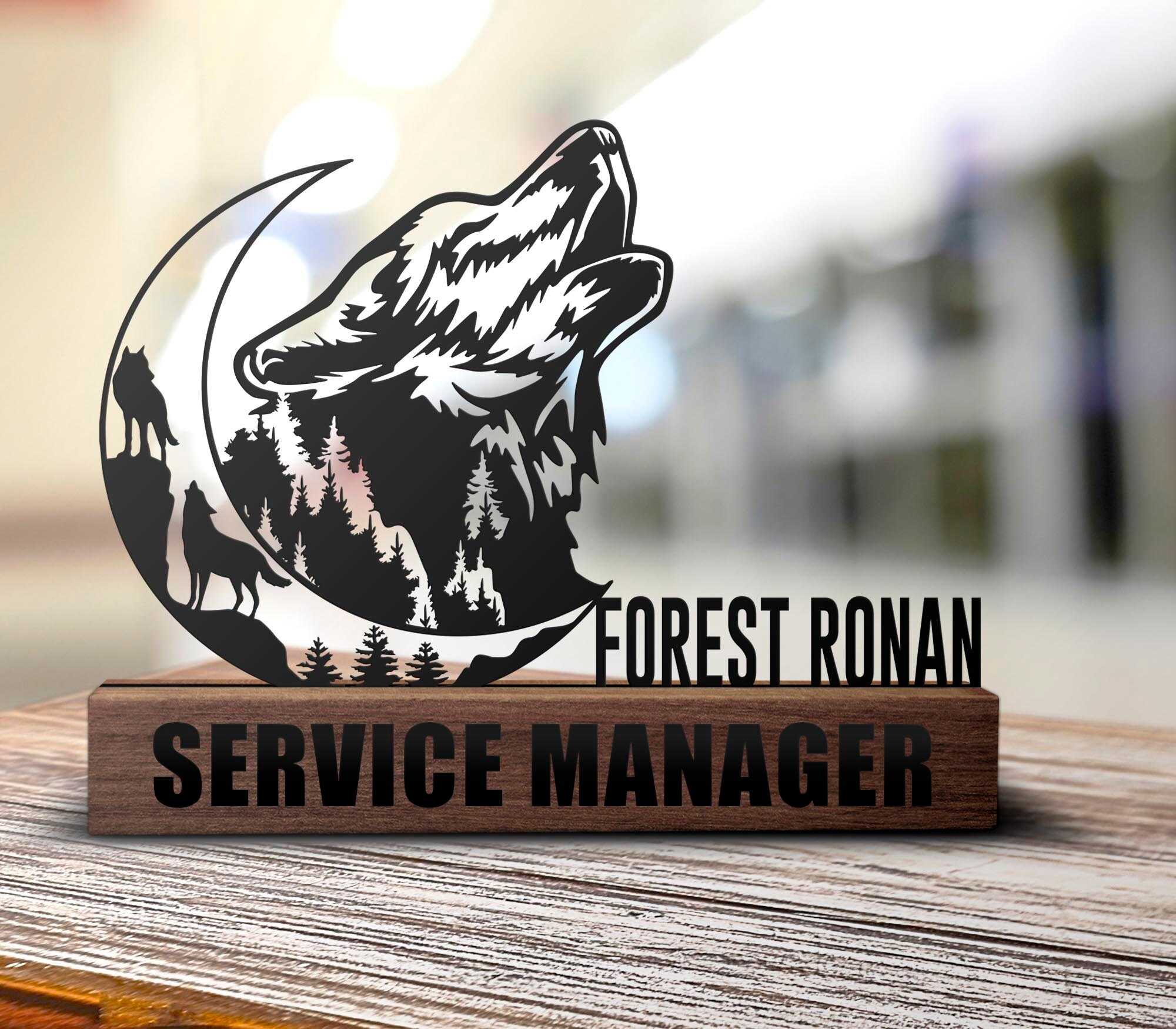 Custom Moon and Wolf Desk Name Plate Wedge, Personalized Nameplate Wild ...