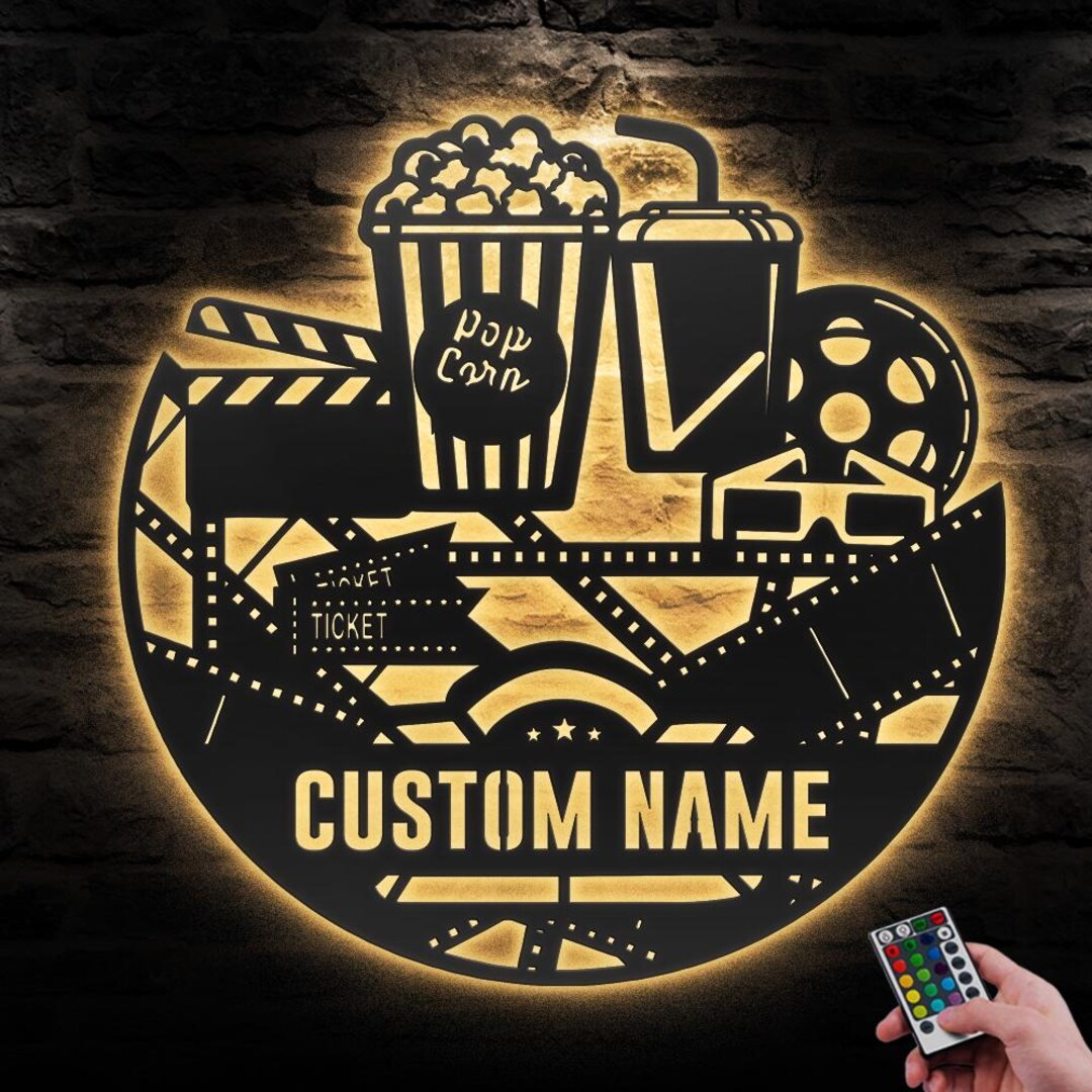 Custom Movie and Popcorn Metal Wall Art LED Light Personalized Family ...