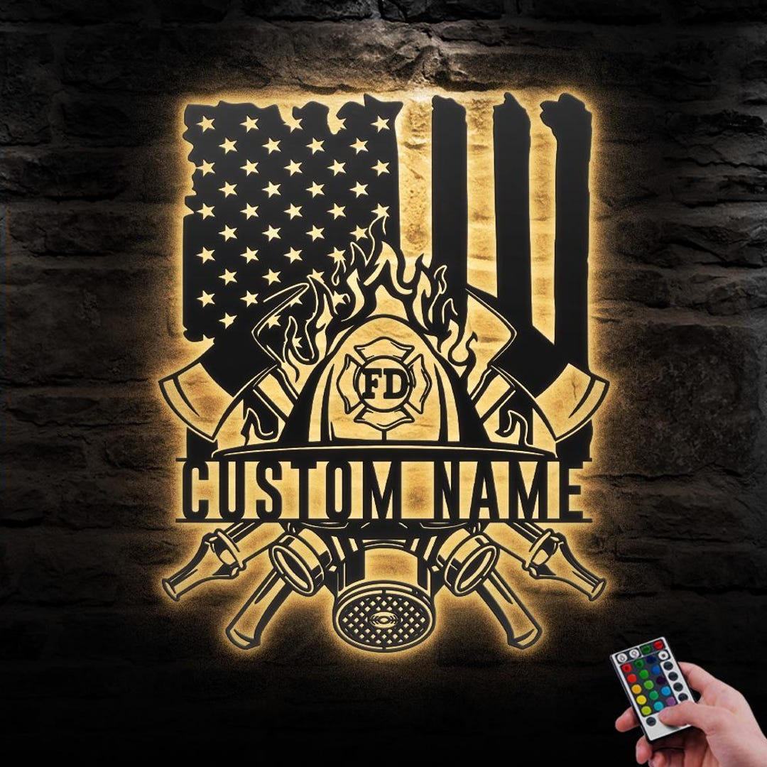 Custom Firefighter US Flag Metal Wall Art LED Light Personalized USA ...