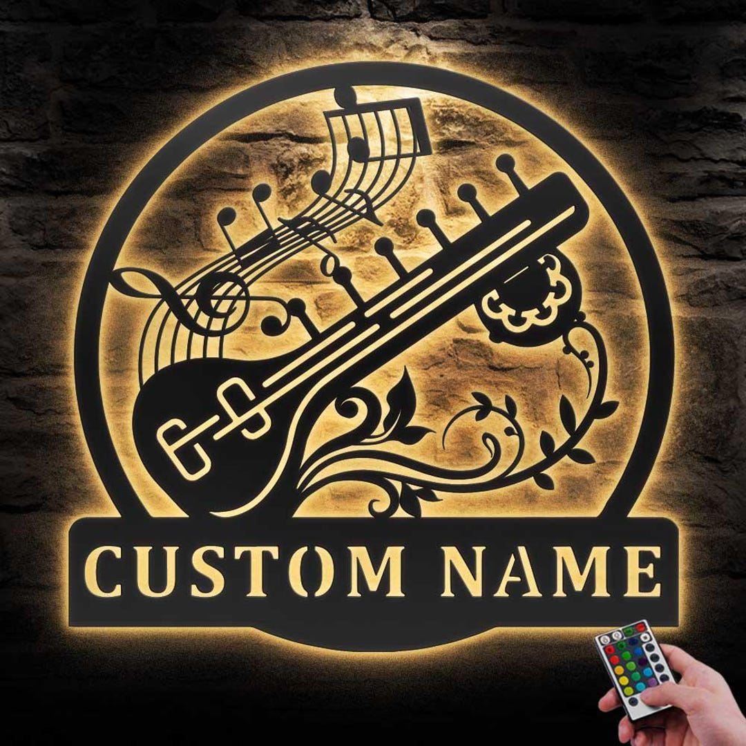 Custom Sitar Musical Instrument Metal Wall Art LED Light Personalized ...
