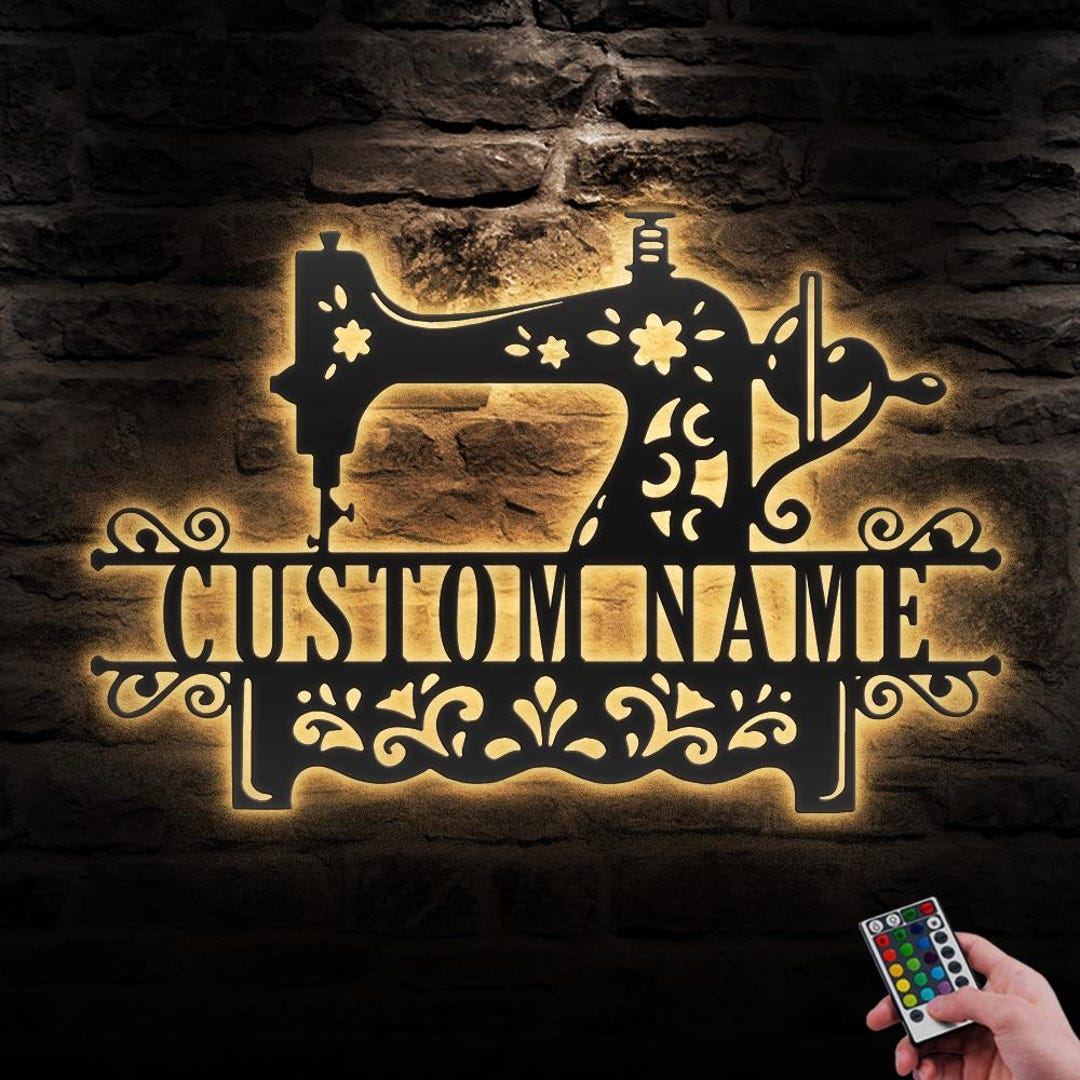 Custom Sewing Machine Metal Wall Art LED Light Personalized Tailor Shop ...