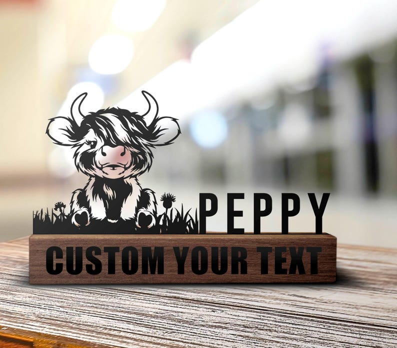 Custom Cute Highland Cow Desk Name Plate Wedge Personalized Calf ...