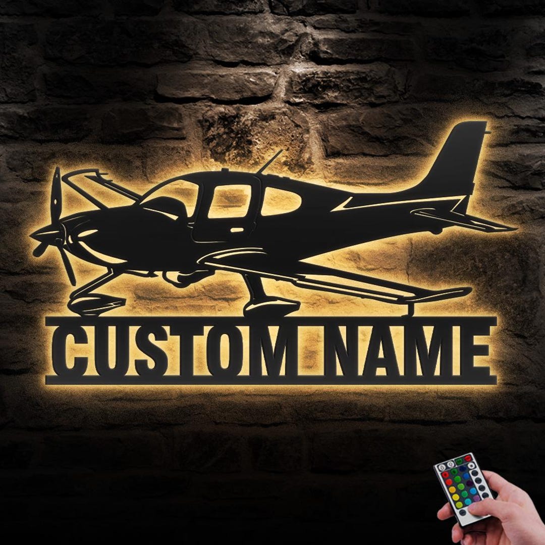 Custom Airplane Metal Wall Art LED Light Personalized Pilot Name Sign ...