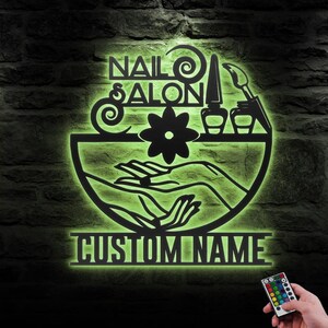 Custom Nail Tech Metal Wall Art LED Light Personalized Nail Salon Name ...