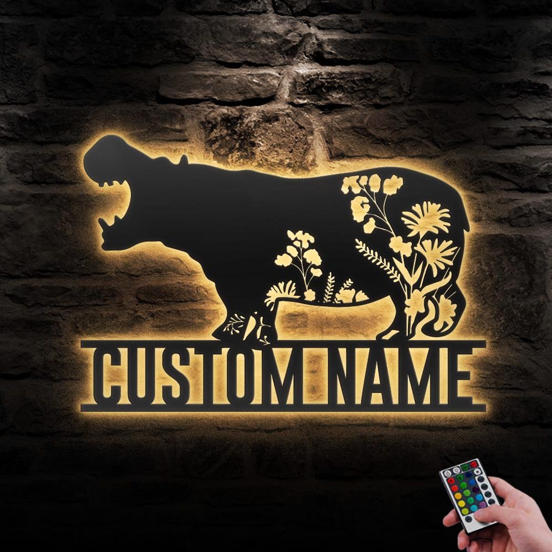 Custom Wildflower Hippopotamus Metal Wall Art LED Light Personalized ...
