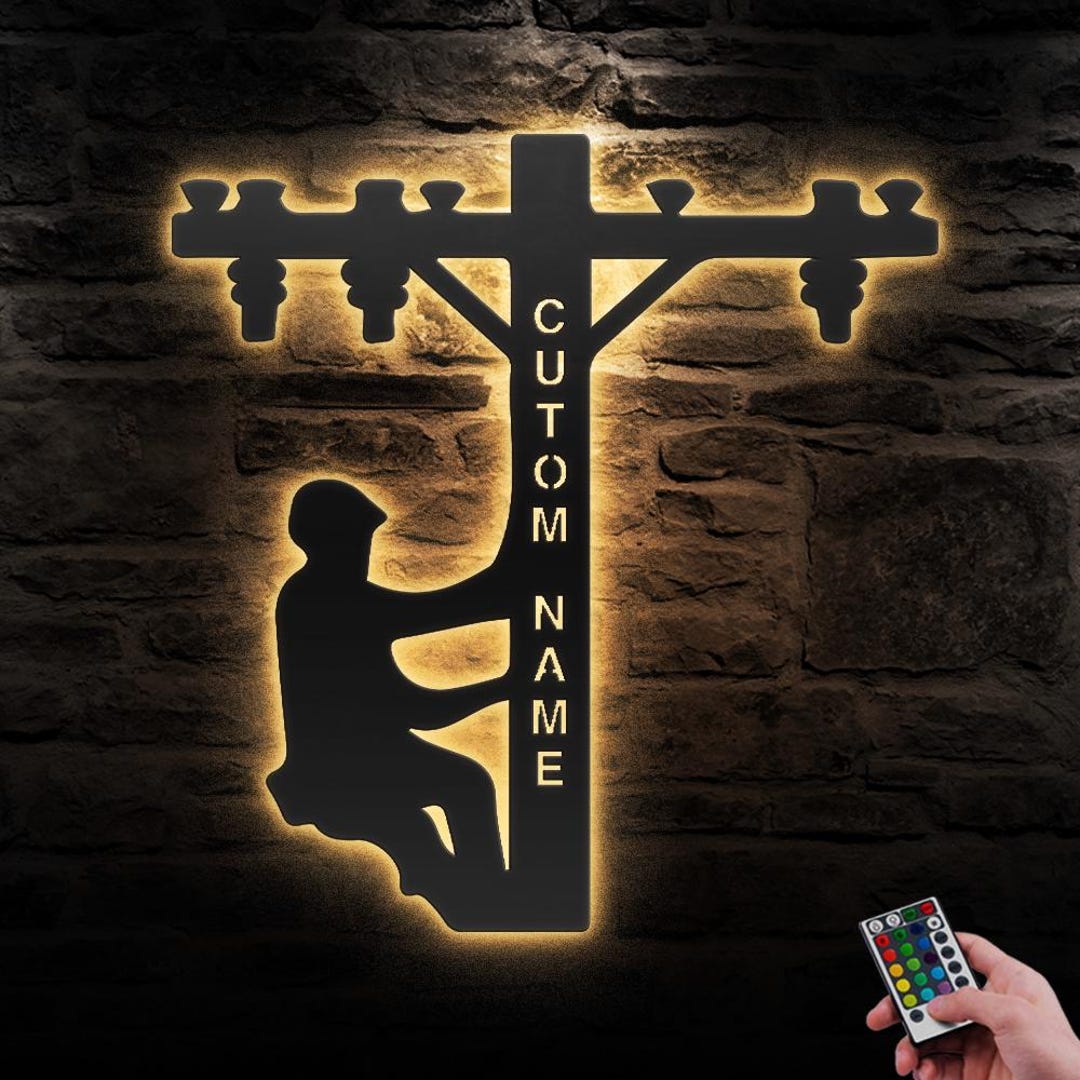 Custom Lineman Metal Wall Art LED Light Personalized Electrical Worker ...