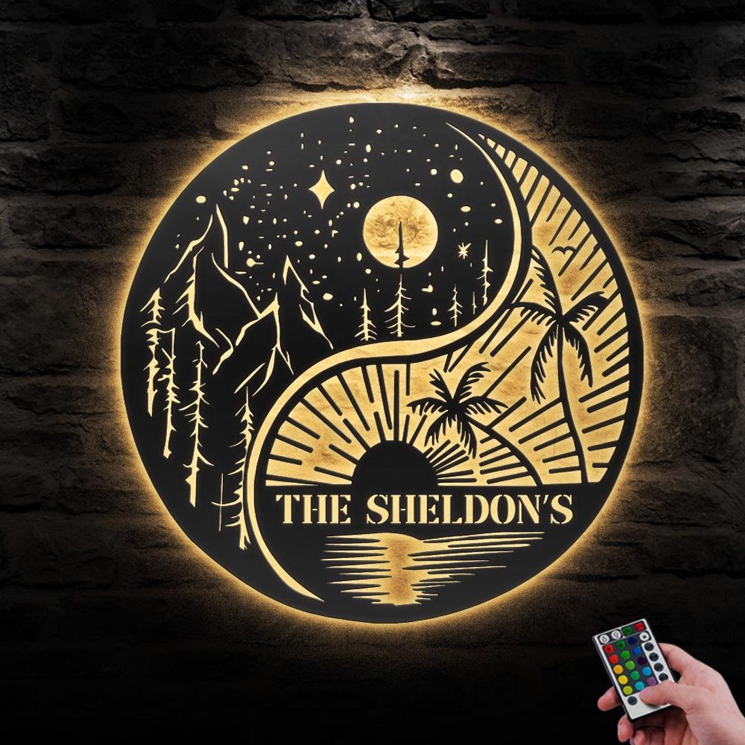 Custom Yin Yang Mountain Beach Camping Metal Wall Art LED Light ...