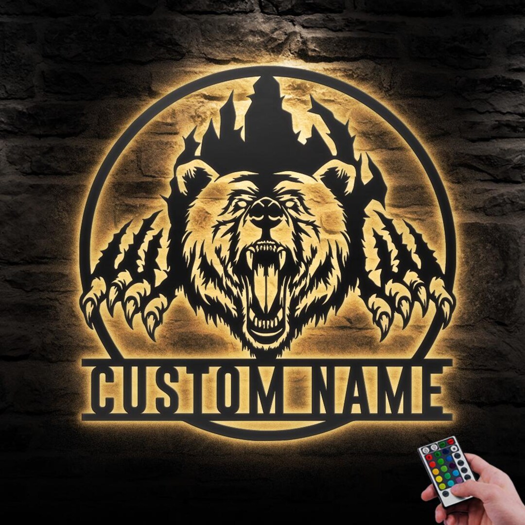 Custom Grizzly Bear Claws Scratch Metal Wall Art LED Light Personalized Angry Bear Name Sign ...