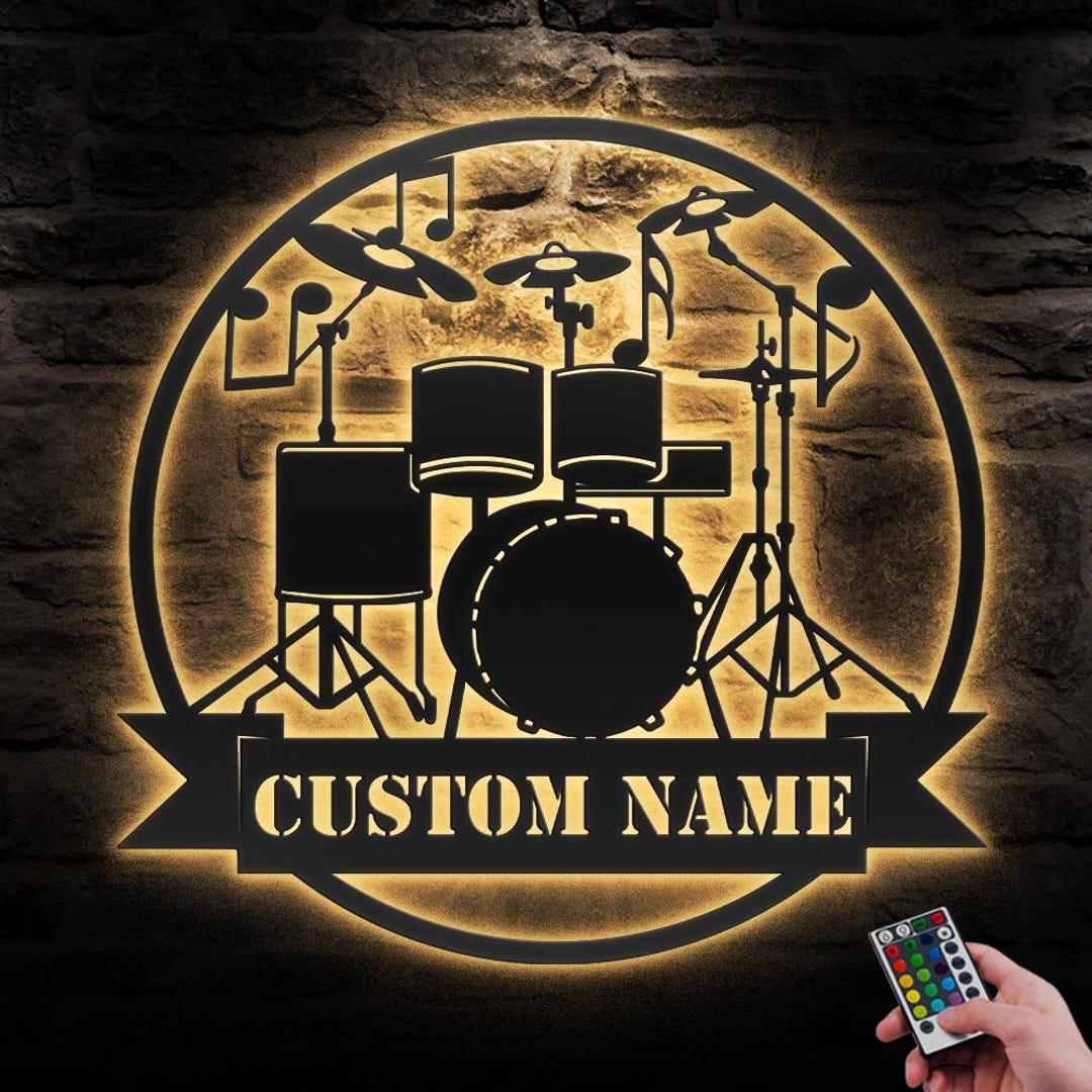Custom Drum Musical Instrument Metal Wall Art LED Light Personalized ...