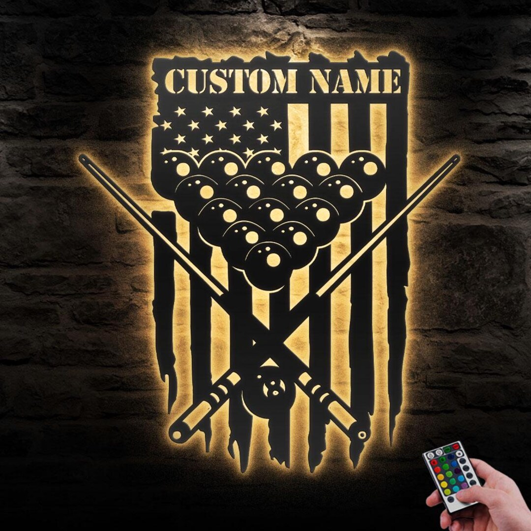 Custom Billiards US Flag Metal Wall Art With LED Light Personalized ...