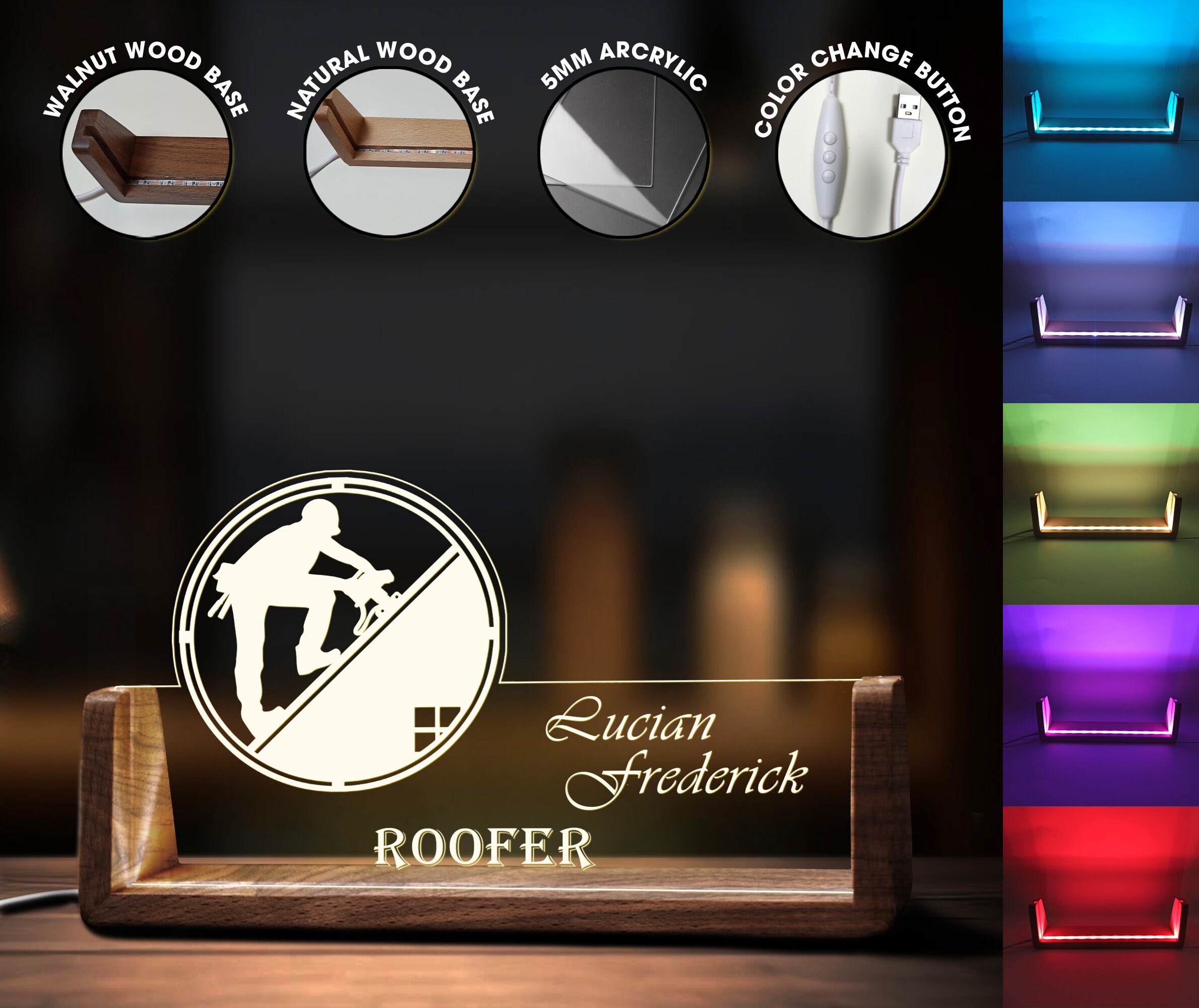Custom Work Repairs Roofs Desk Name Plate Personalized Roofer LED Light ...