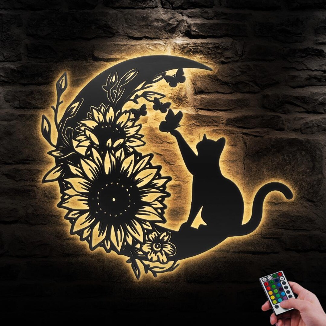 Floral Cat on the Crescent Moon Sunflower Metal Wall Art With LED Light ...