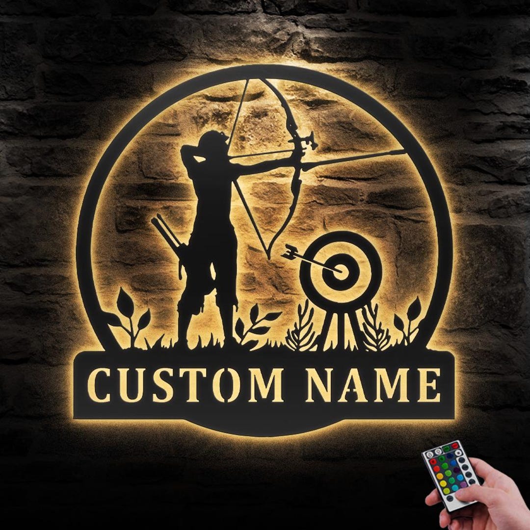 Custom Archery Metal Wall Art LED Light Personalized Archer Name Sign ...