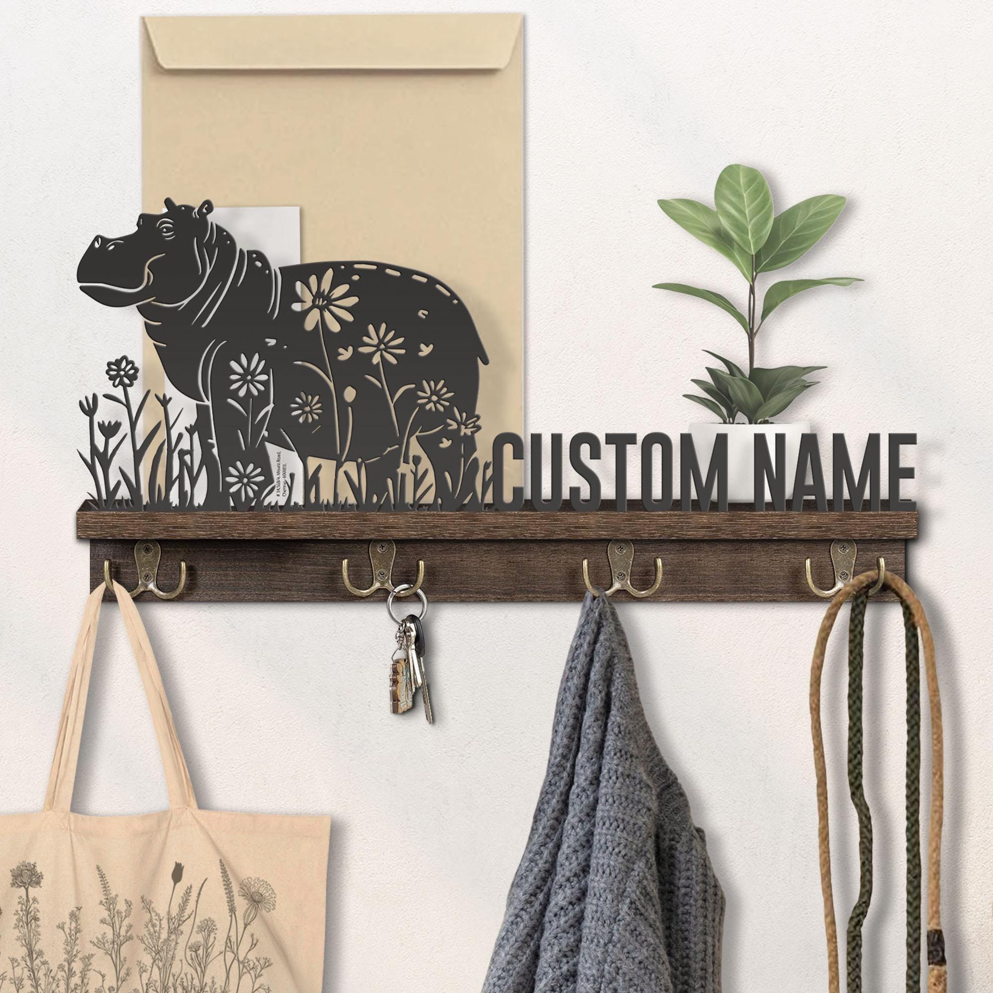Custom Floral Hippo Wooden Shelf Metal Wall Art Sign Personalized ...