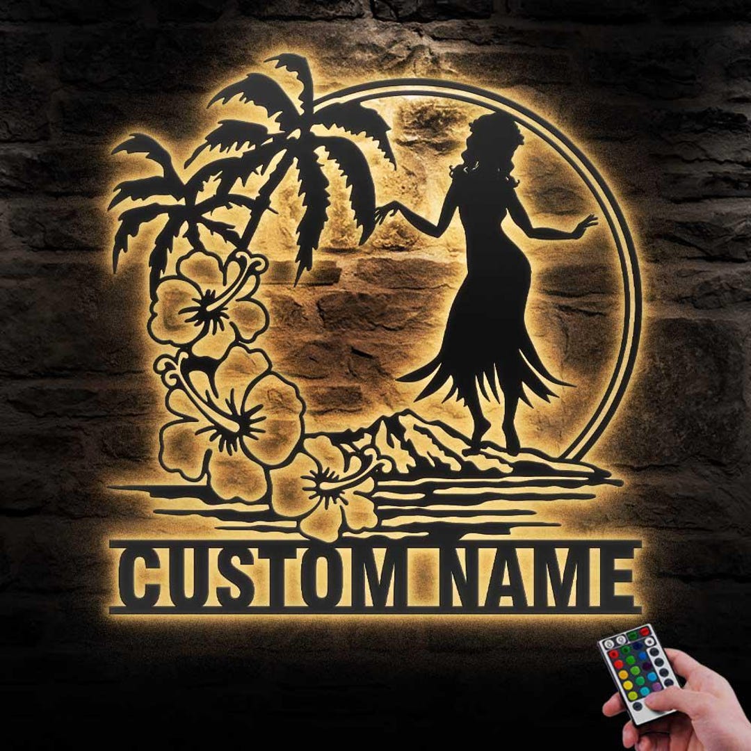 Custom Hula Dancer Hawaiian Flower Scene Metal Wall Art LED Lights ...