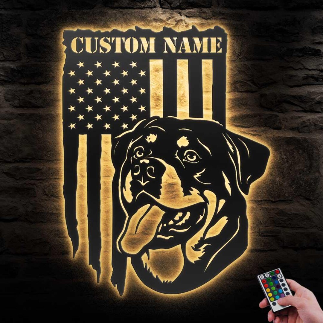 Custom US Flag Rottweiler Metal Wall Art LED Light Personalized Dog ...