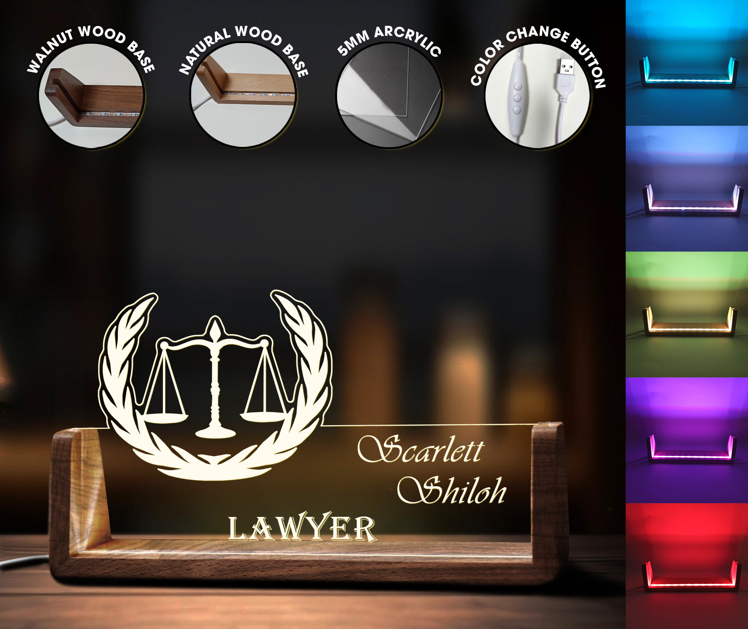 Custom Lawyer Desk Name Plate Personalized Attorney Gift LED Light ...