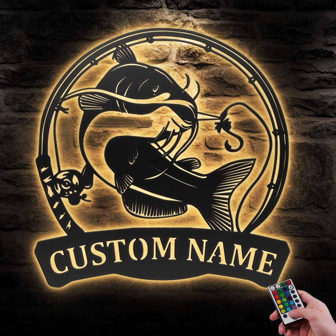 Custom Black Bullhead Catfish Fishing Metal Wall Art LED Light ...