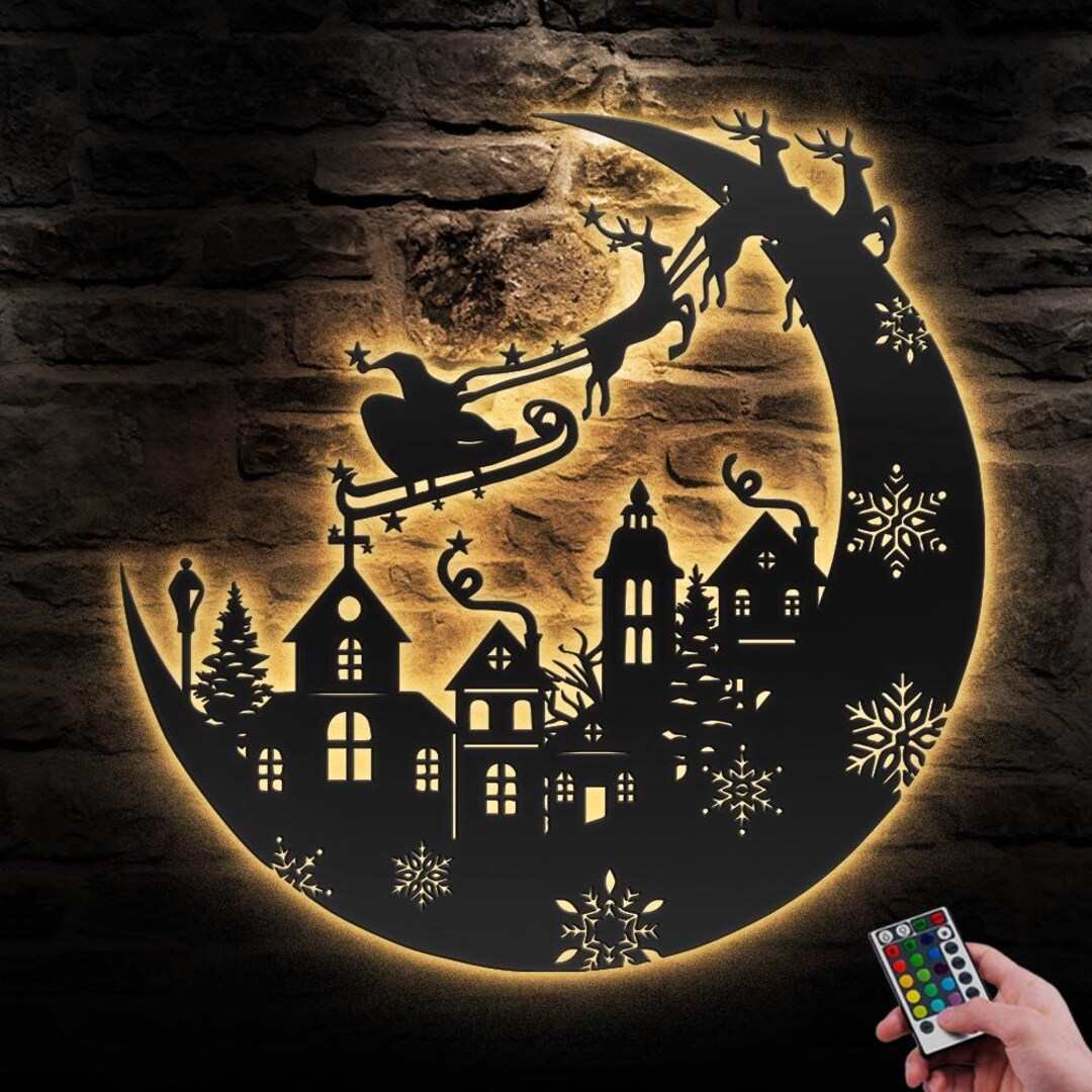 Santa Claus Metal Wall Art LED Light Santa's Sleigh Sign Home Decor ...