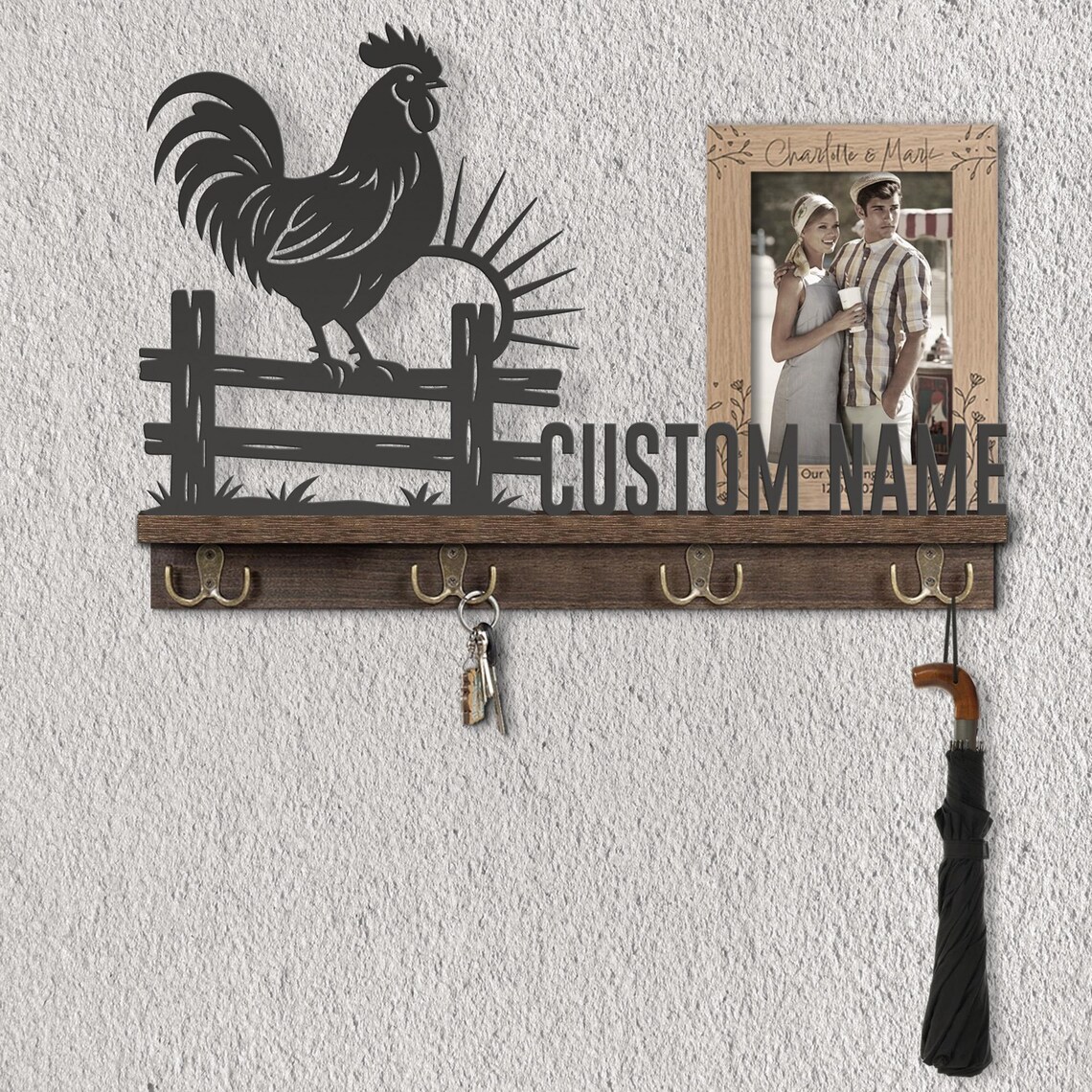 Custom Rooster Wooden Metal Wall Floating Shelf With Hook Personalized ...