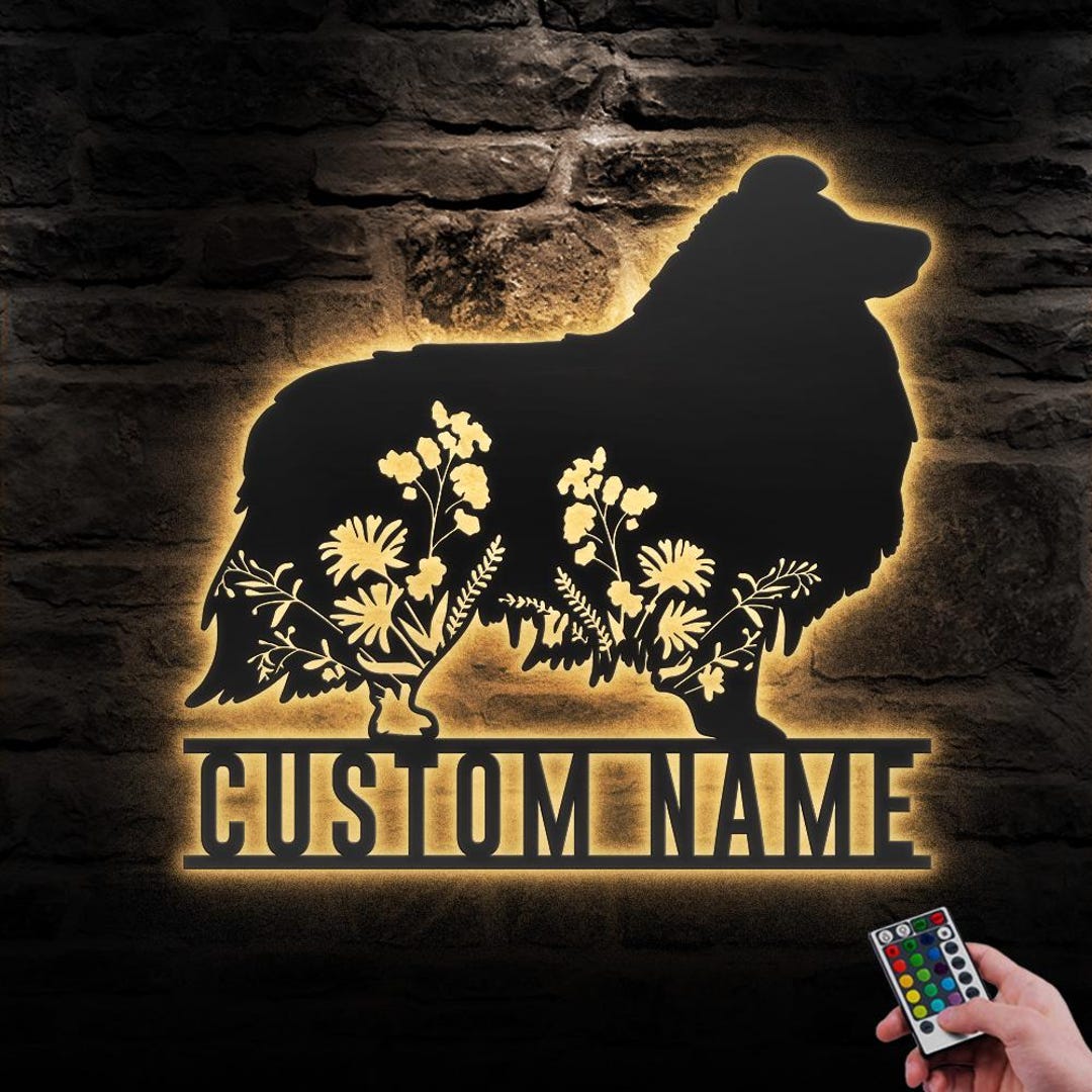 Custom Floral Shetland Sheepdog Metal Wall Art LED Light Personalized ...