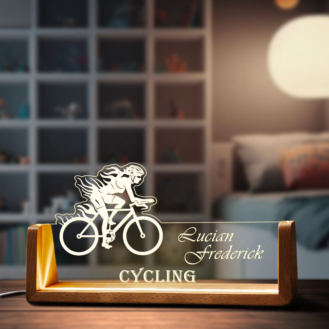 Custom Bicycle Desk Name Plate Personalized Cycling LED Light Wooden ...