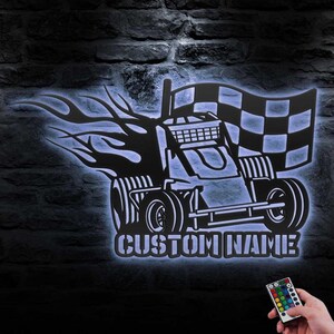 Custom Sprint Car Racing Flag Metal Wall Art LED Lights Personalized ...