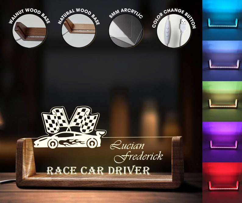 Custom Race Car Desk Name Plate Personalized Racing LED Light Wooden ...