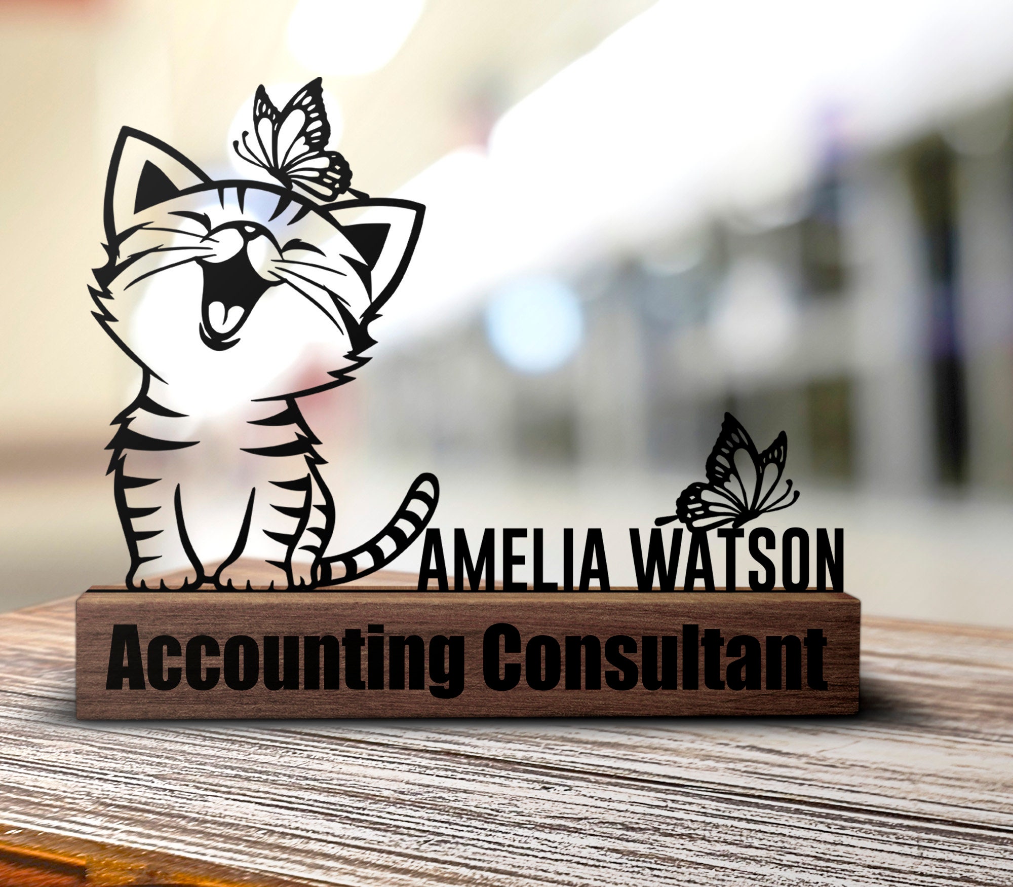 Custom Cute Cat With Butterfly Desk Name Plate Wedge - Etsy