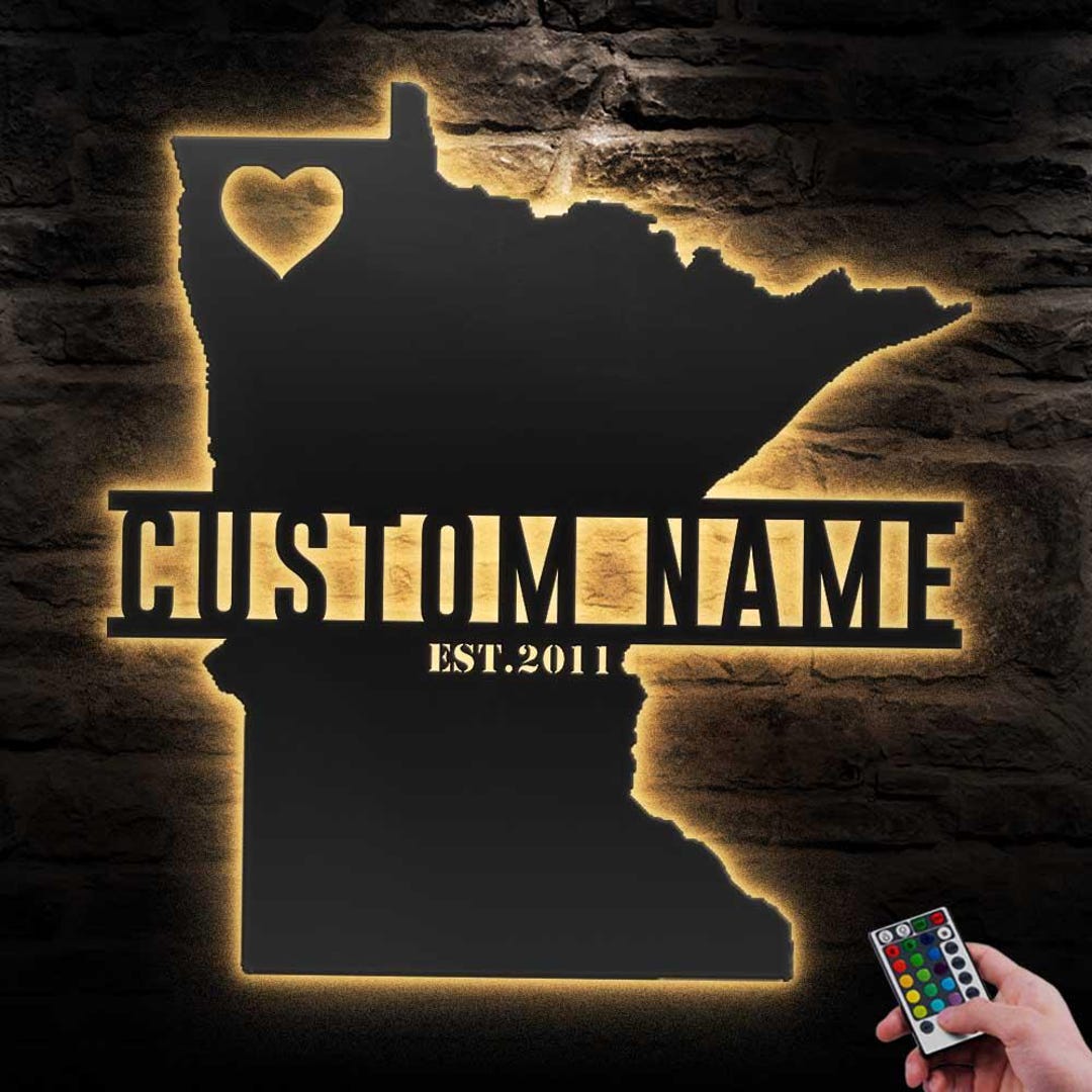 Custom Minnesota Map Metal Wall Art LED Lights Personalized Minnesota ...