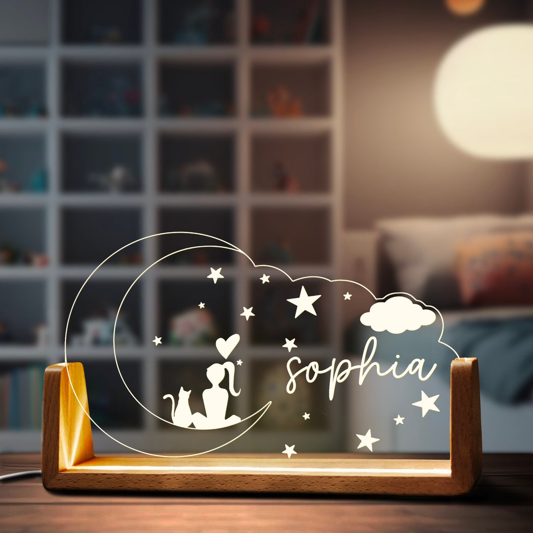 Custom Cat and Girl on the Moon Nursery Night Light, Personalized Room ...