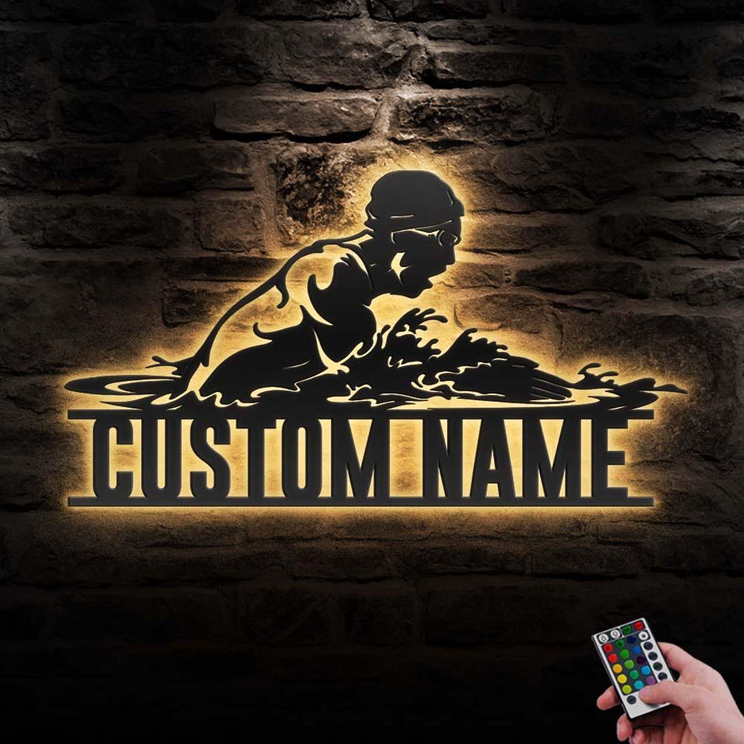 Custom Man Breaststroke Swimming Metal Wall Art LED Light Personalized ...