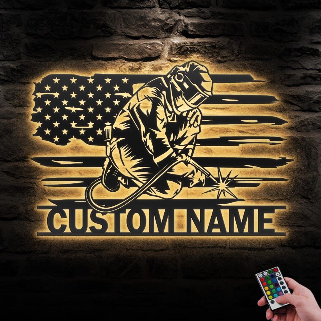 Custom Welding US Flag Metal Wall Art LED Light Personalized Welder ...