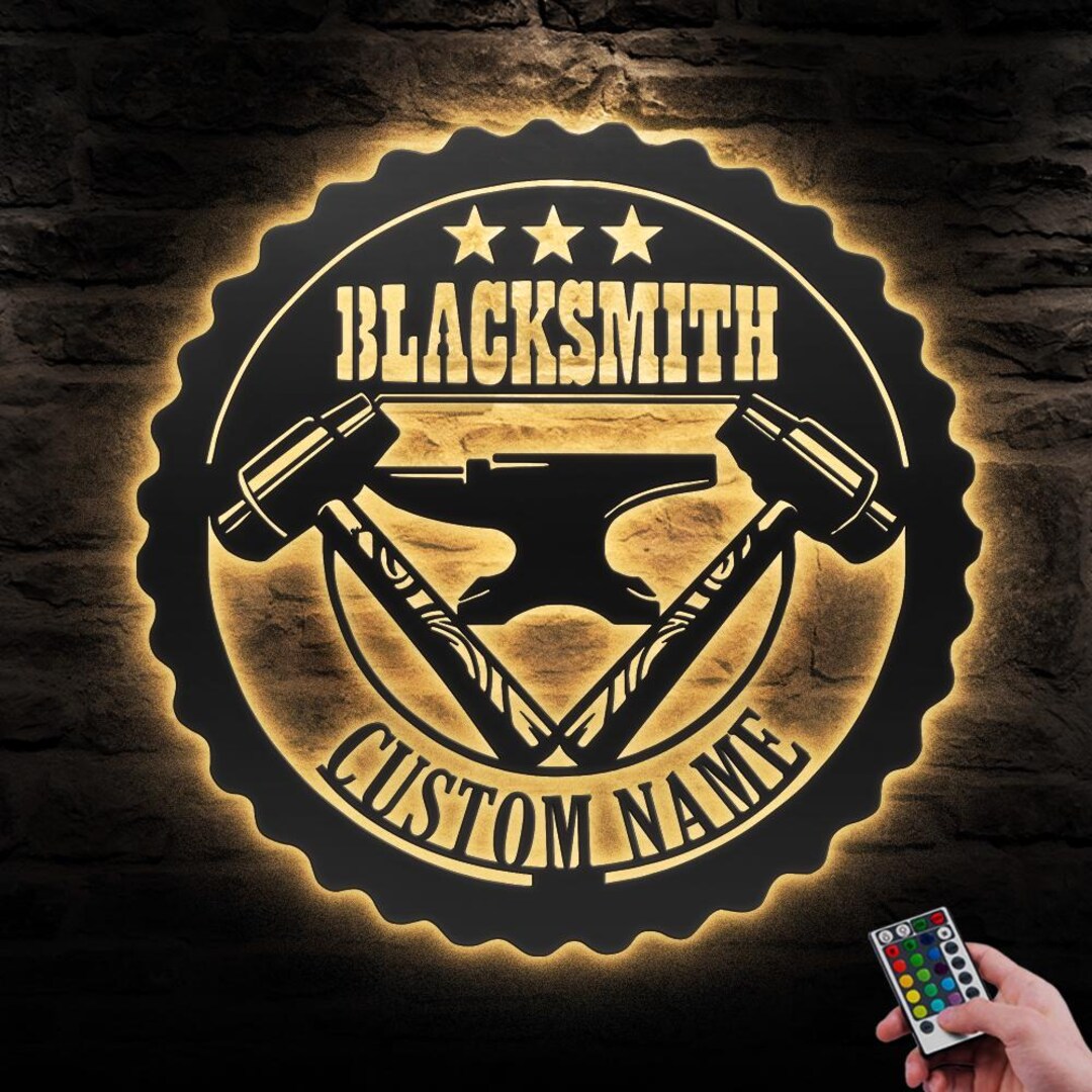 Custom Blacksmith Metal Wall Art LED Light Personalized Anvil Hammer ...