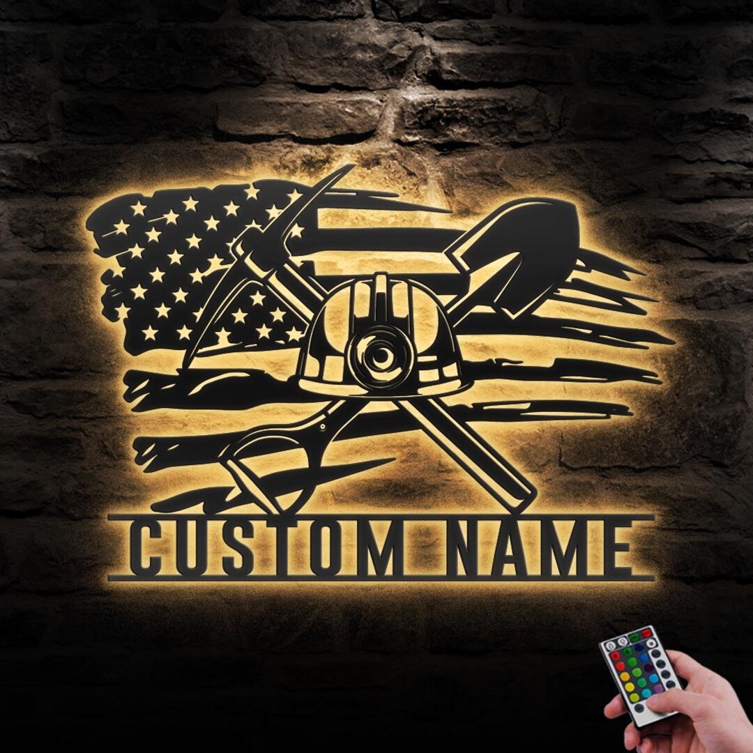 Custom Coal Mining US Flag Metal Wall Art LED Light Personalized Miner ...