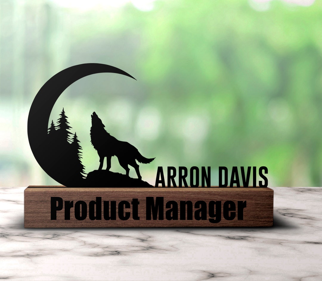 Custom Howling Wolf on the Moon Desk Name Plate Wedge Personalized ...