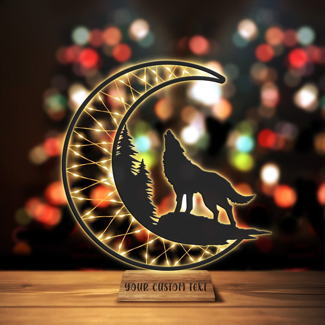 Custom Howling Wolf Moon Desk Lamp Night Light Personalized Name Wooden ...