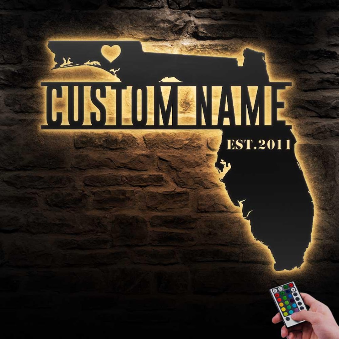 Custom Florida Map Metal Wall Art LED Lights Personalized Florida State ...